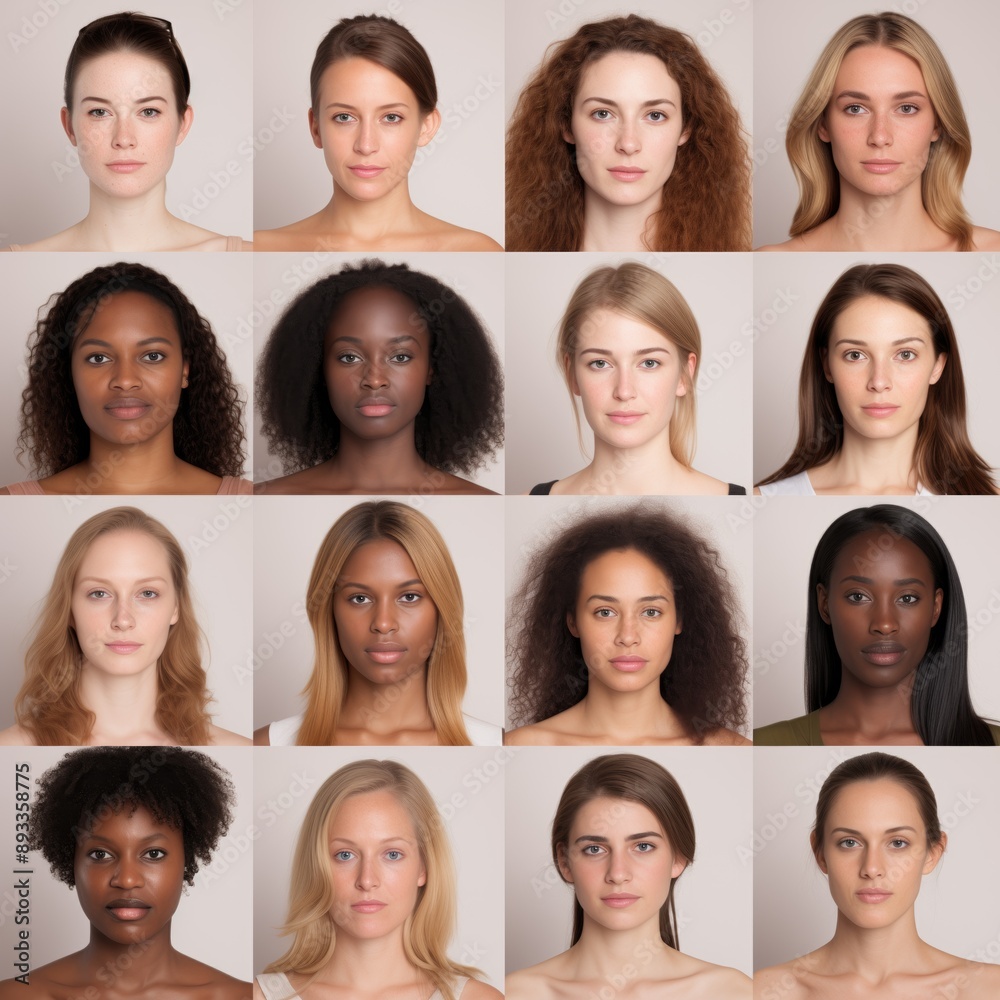 Sixteen beautiful female models of different ethnicity and skin color ...