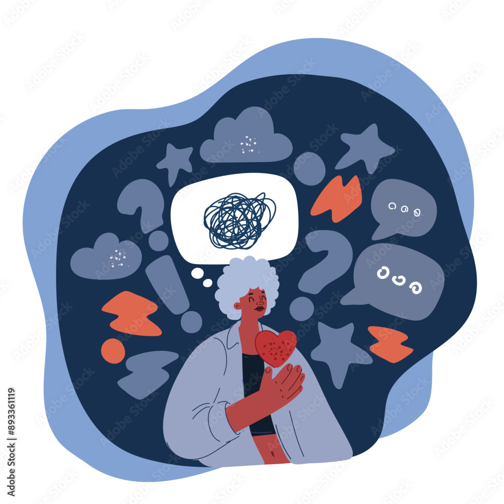Cartoon vector illustration of Tired exhausted young woman with heart ...