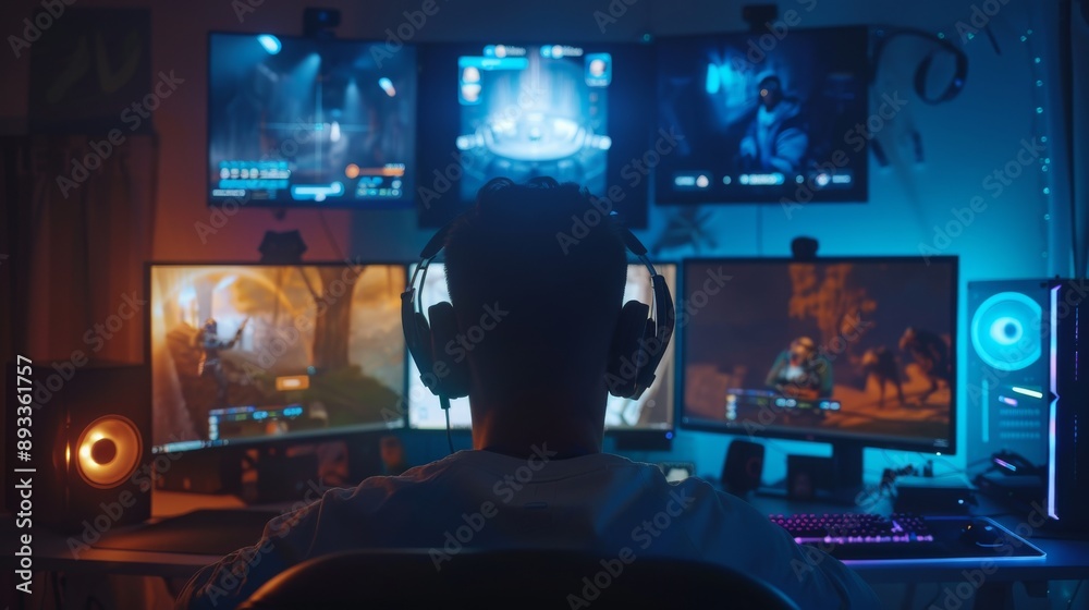 Dedicated Gamer Intensely Playing a Video Game in a Modern Gaming Setup ...