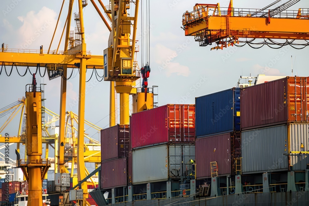 Containers crates load unload by cranes in busy port cargo ships. Stock ...