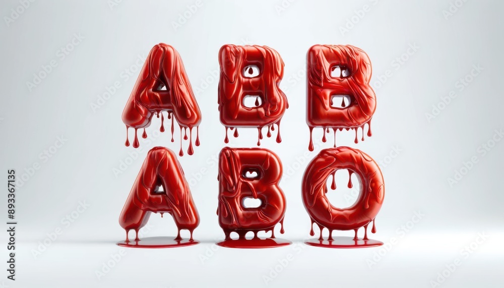 3D rendering of blood group letters (A, B, AB, O) depicted in a glossy ...