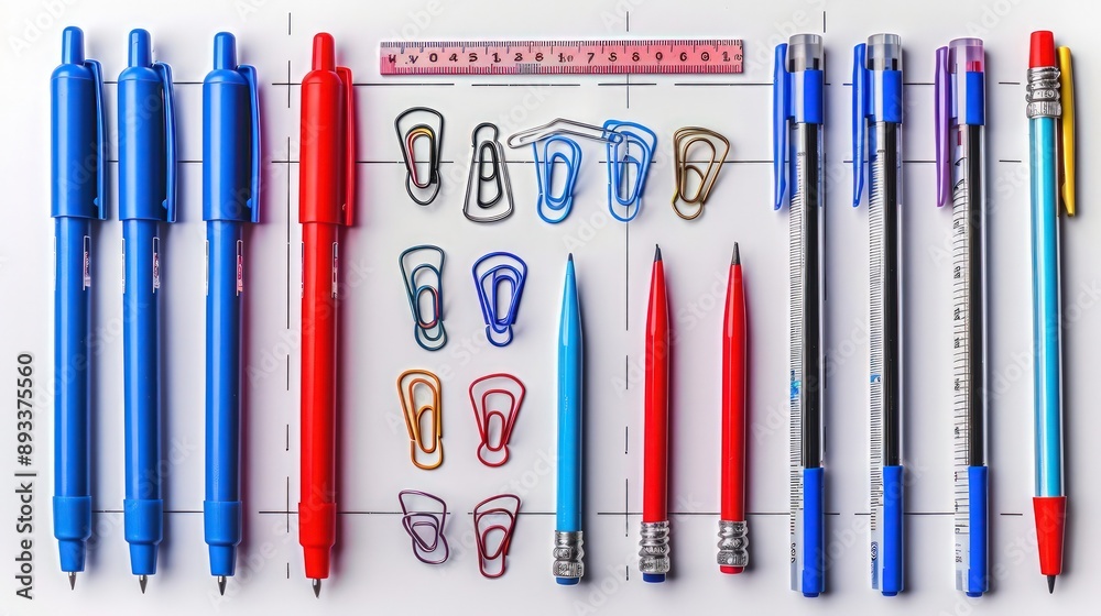 An organized display of various school supplies, from notebooks to pens ...