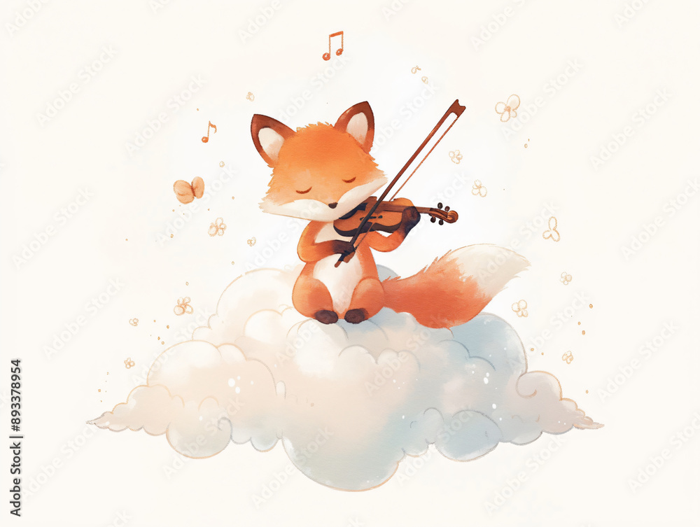 Charming fox playing the violin while sitting on a cloud with a gentle ...