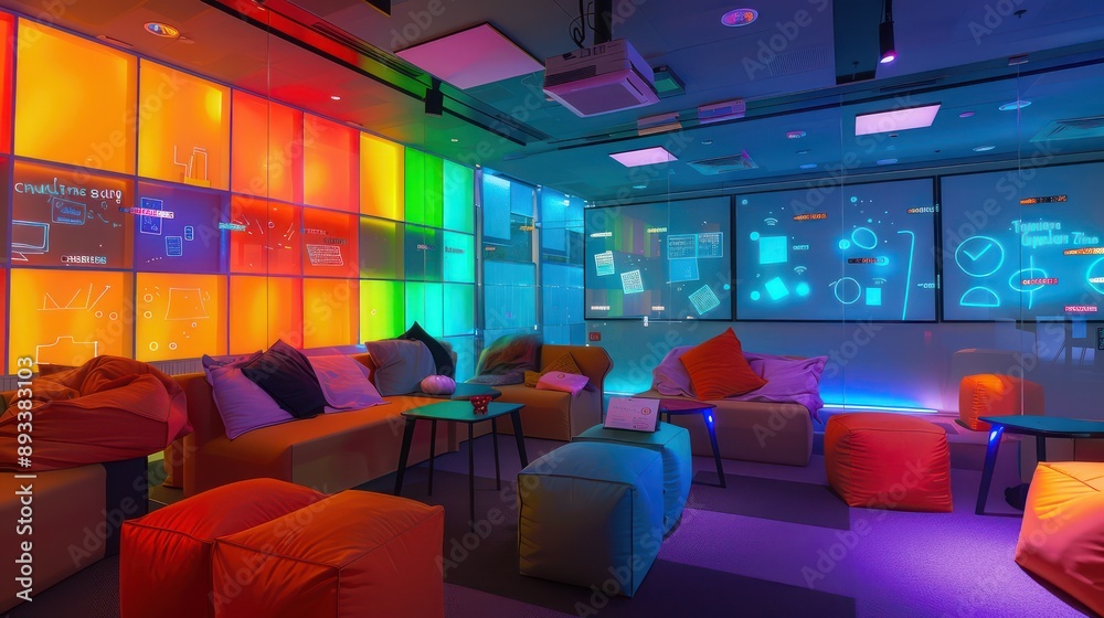 corporate brainstorming room with writable walls, modular furniture ...