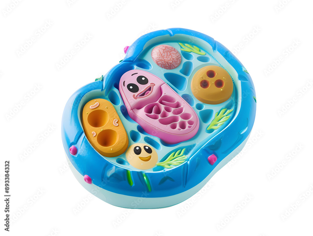 A cartoon cell with a nucleus, mitochondria, and other organelles. It ...