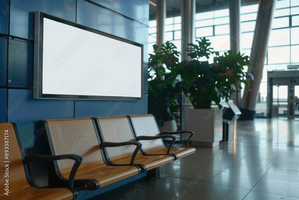 Indoor waiting room at an airport gate displaying a digital screen ...