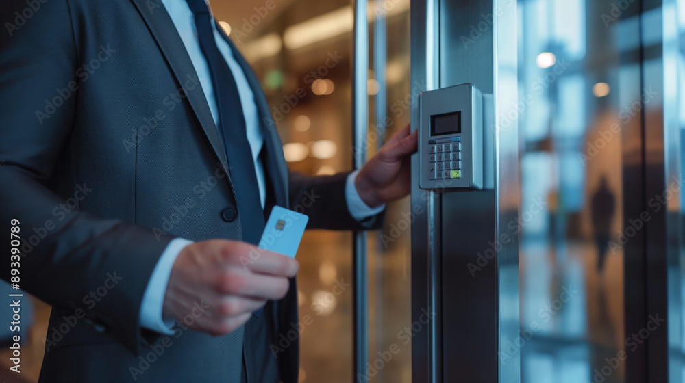 Young 35s businessman in elegant formal suit using pass card to open ...