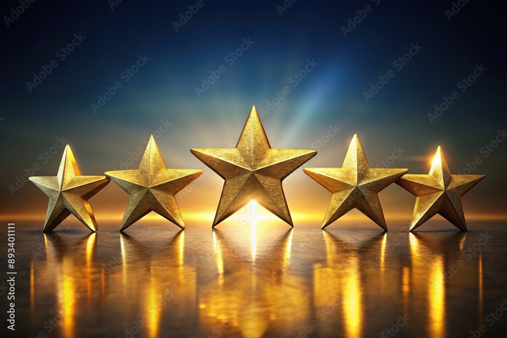 Five gold stars glowing in the sky with low angle perspective, approval ...
