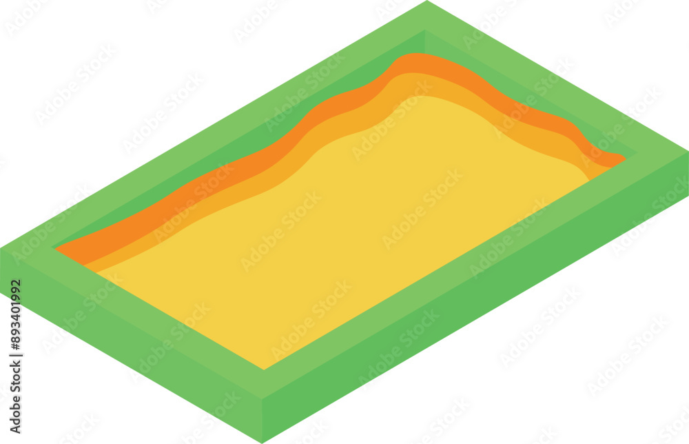 Isometric yellow sandbox with green border for children playing in the ...