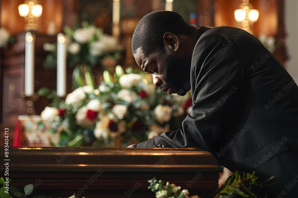 Funeral coffin, death and black man sad, grieving and mourning loss of ...