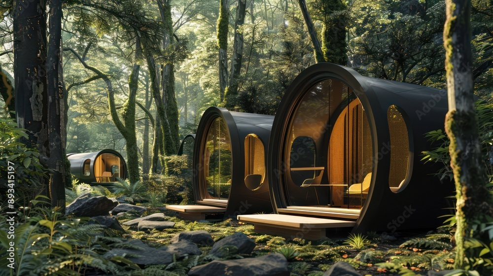 corporate retreat space in a forest setting, featuring modular work ...
