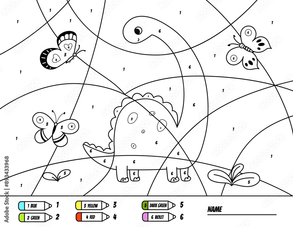 Dinosaur Color by Number activity. Cute dinosaur coloring page for kids ...