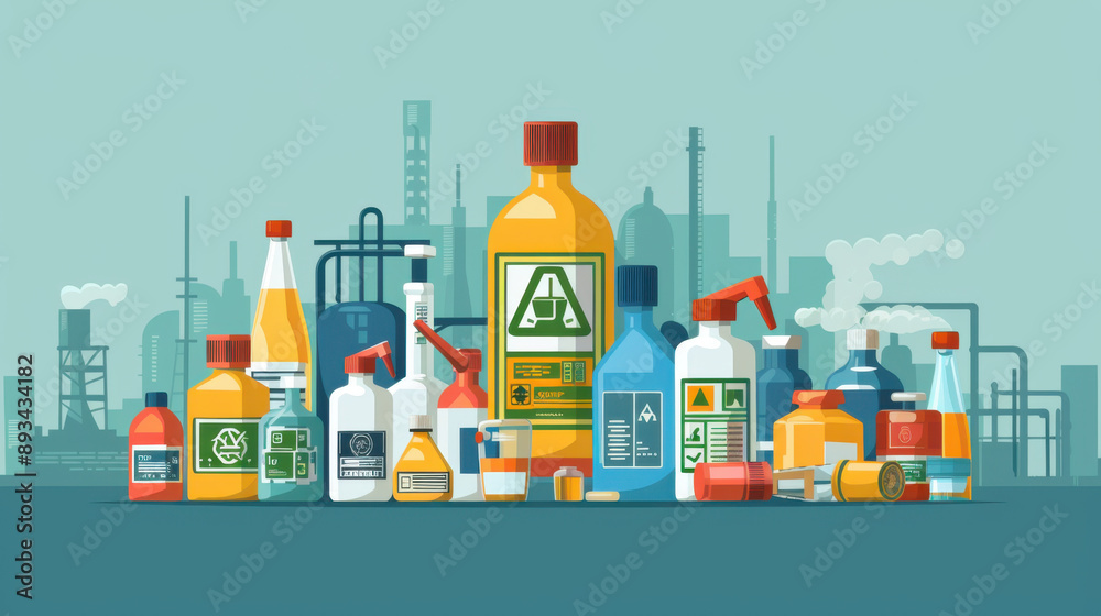 Illustrated chemical containers of various shapes and sizes with safety ...