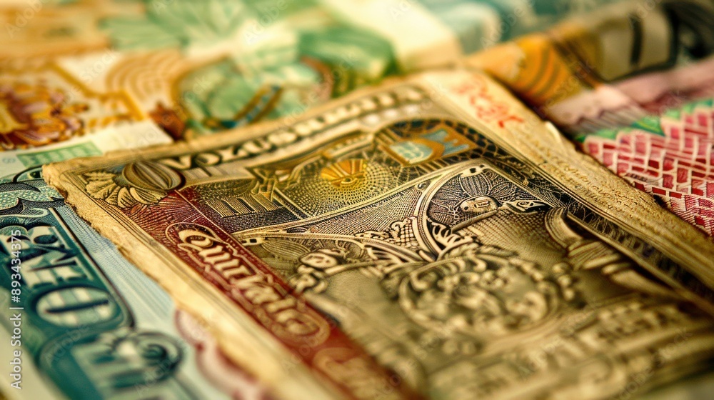 A close-up view of a stack of aged banknotes with intricate designs and ...