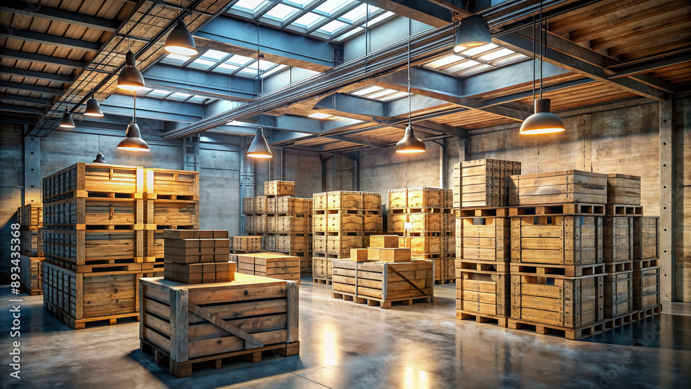 Rustic warehouse interior with rows of stacked wooden crates and boxes ...