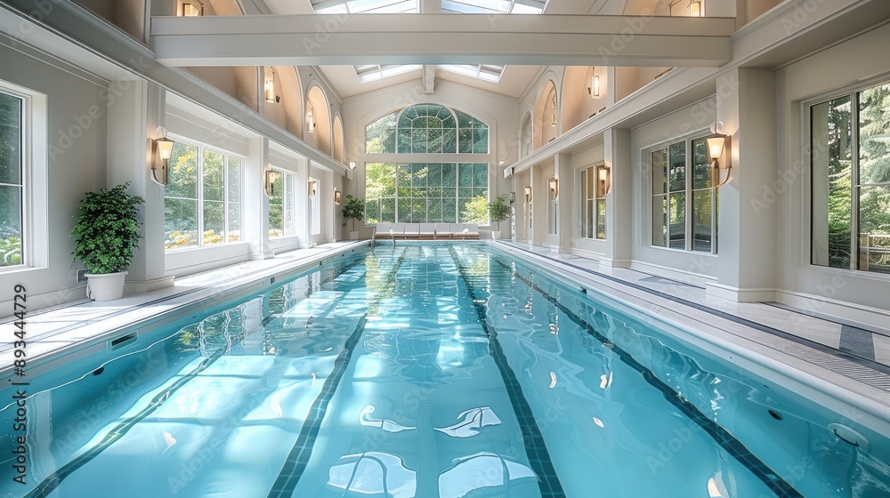 Elegant indoor swimming pool with clean, contemporary lines and ample ...