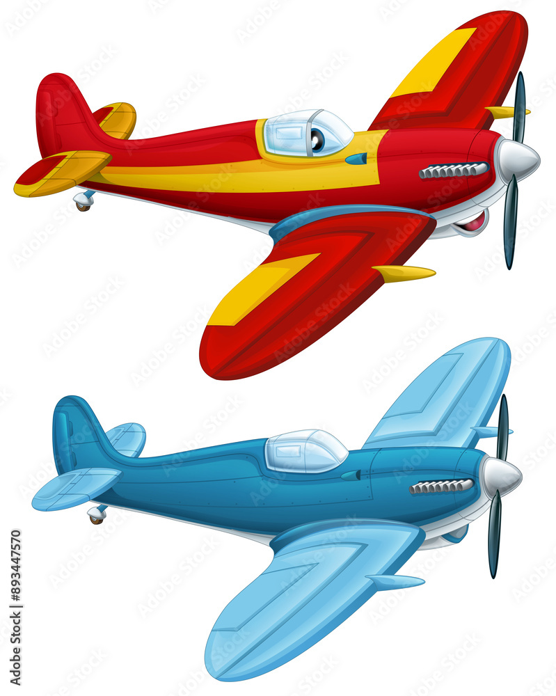 cartoon happy traditional plane with propeller flying on white ...