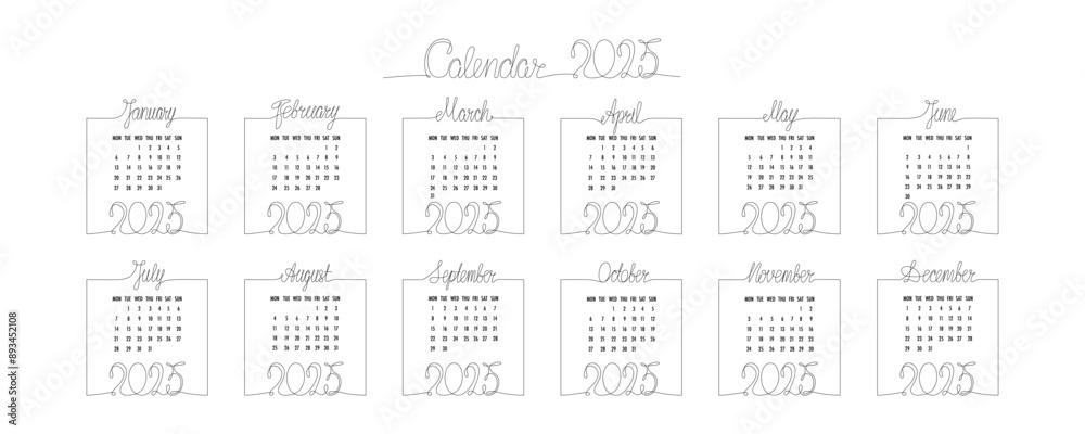 2025 calendar with hand drawing month and year sign in frame. Vector ...