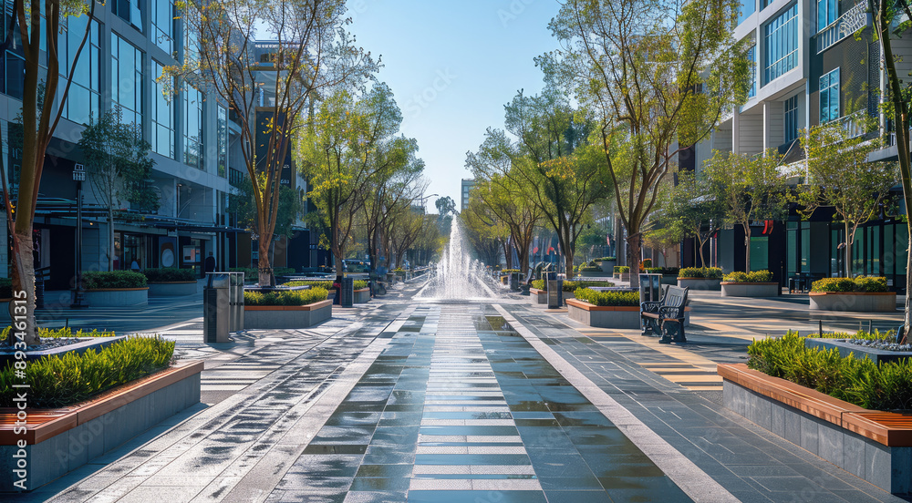A modern urban plaza on a sunny day. Leading lines created by paving ...