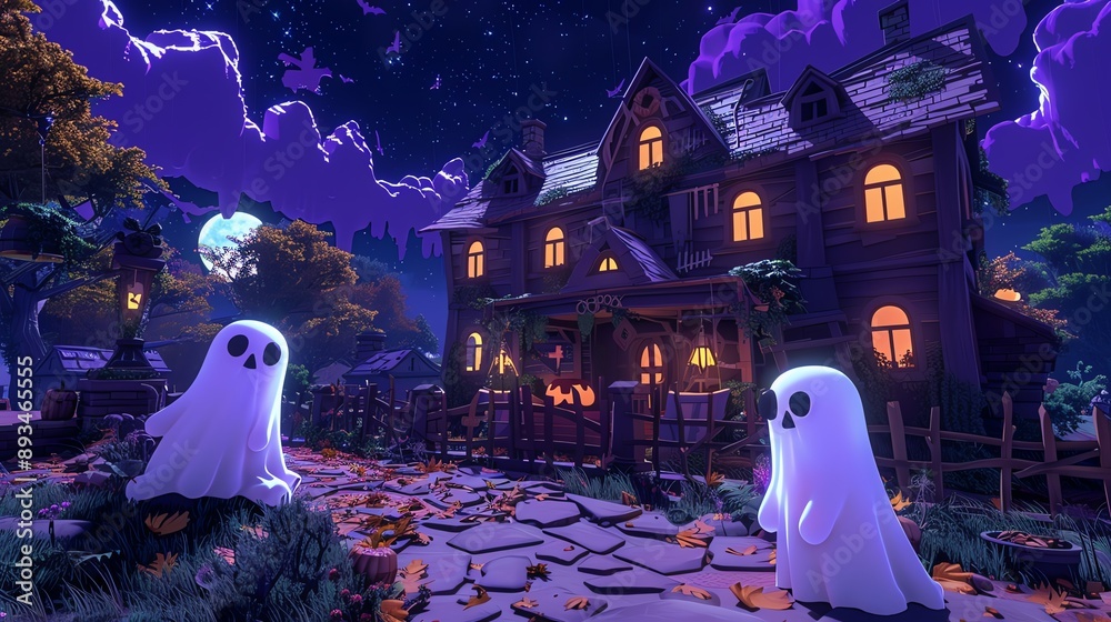 Haunted house with glowing windows and cute cartoon ghosts in a spooky ...