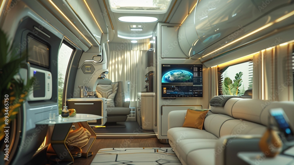 Smart appliances are seamlessly integrated into the RV, including a ...