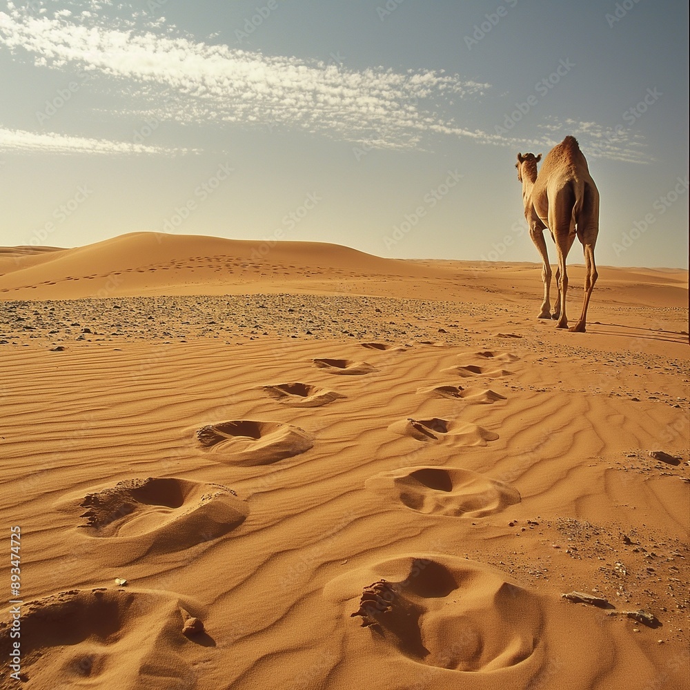 Camel walking in the desert leaving deep footprints in the sand. Ideal ...