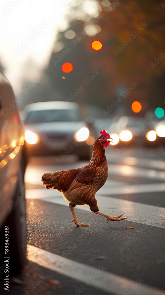Urban Chicken Crossing Road at Twilight, City Wildlife Encounter Stock ...