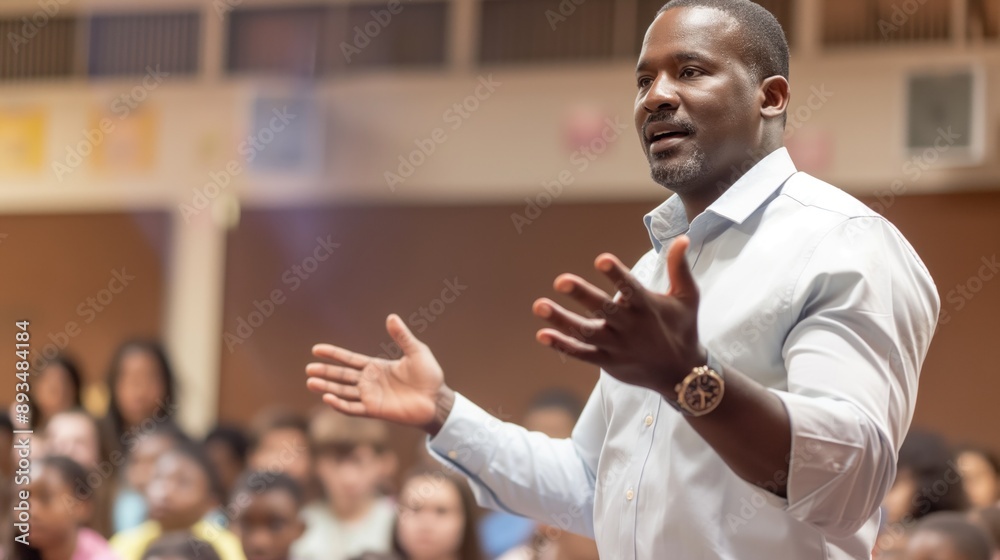 School principal addressing students at a back-to-school assembly ...