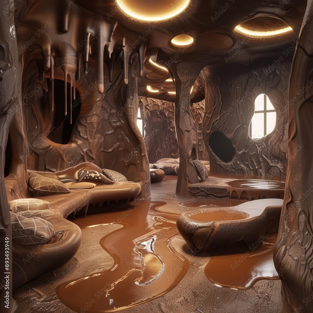 surrealist chocolatethemed room with melting walls and floating ...