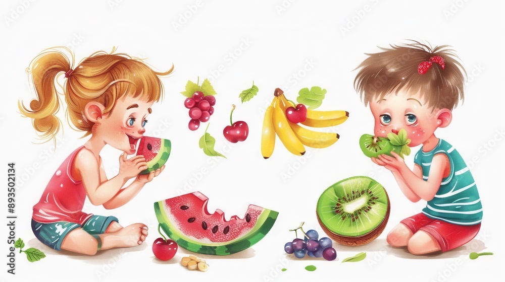 Cartoon flat vector drawing of a boy and a girl eating seasonal fruits ...
