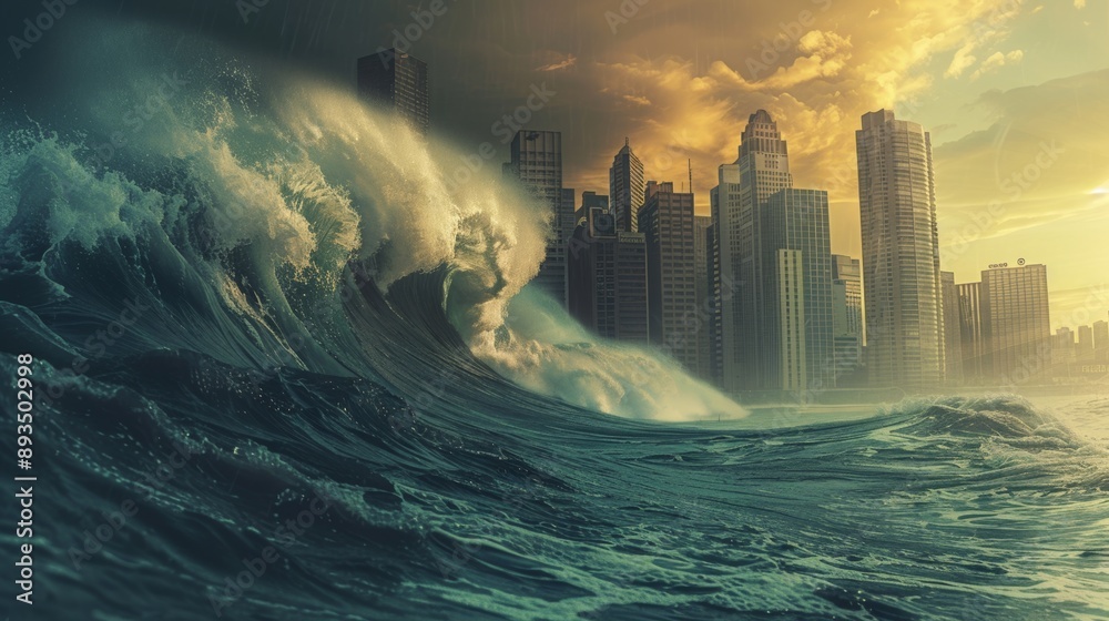Tsunami waves approaching city skyline Disaster concept Huge tsunami ...