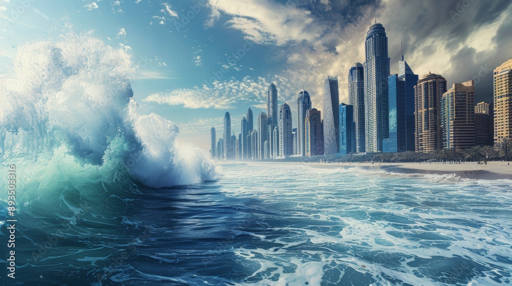 Tsunami waves approaching city skyline Disaster concept Huge tsunami ...