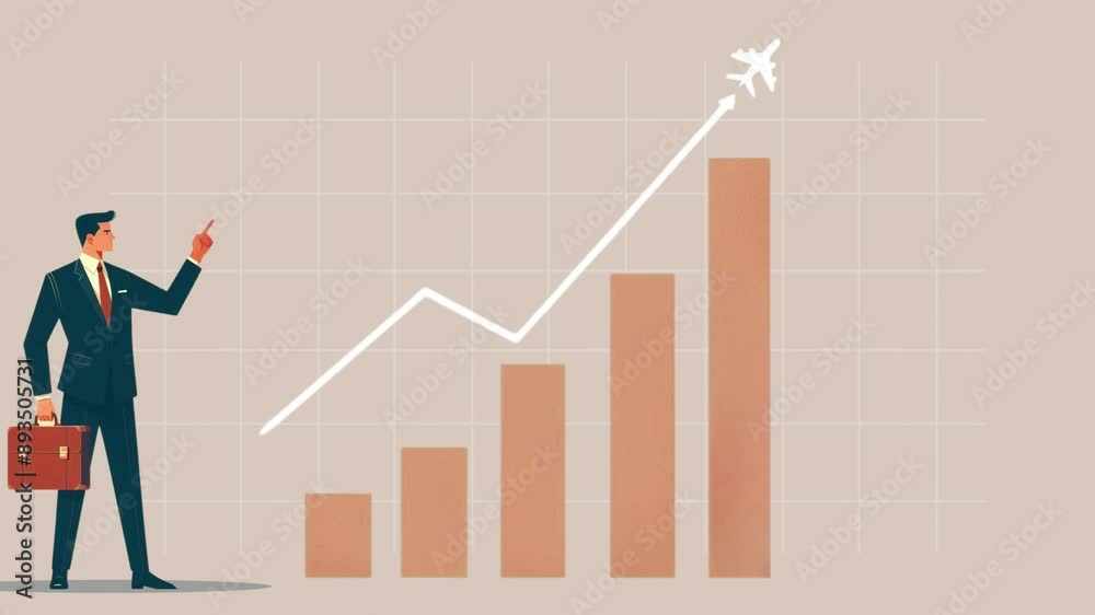 Animation of a businessman pointing at a rising bar graph indicating ...