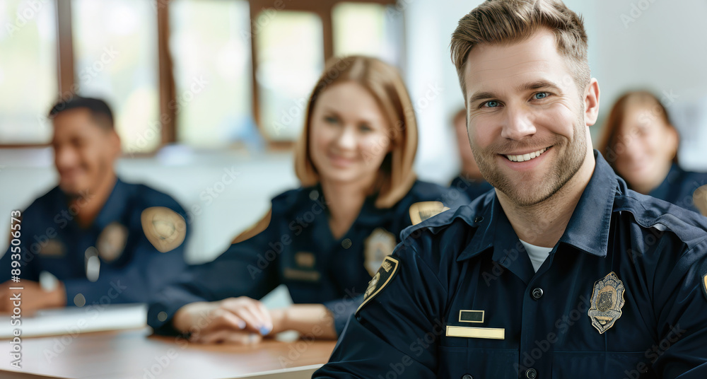 mature male Caucasian police officer in classroom concept of policeman ...