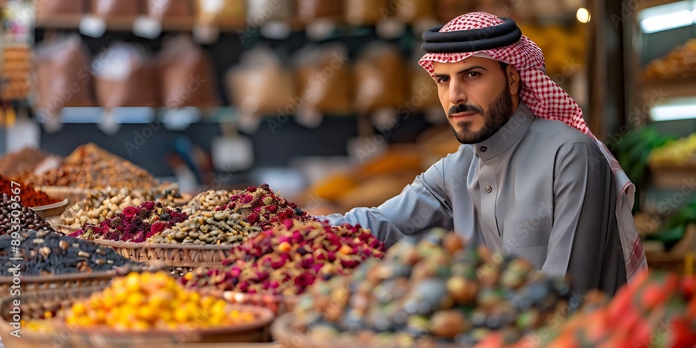 Man in Traditional Clothing Shopping at a Spice Market in the Middle ...