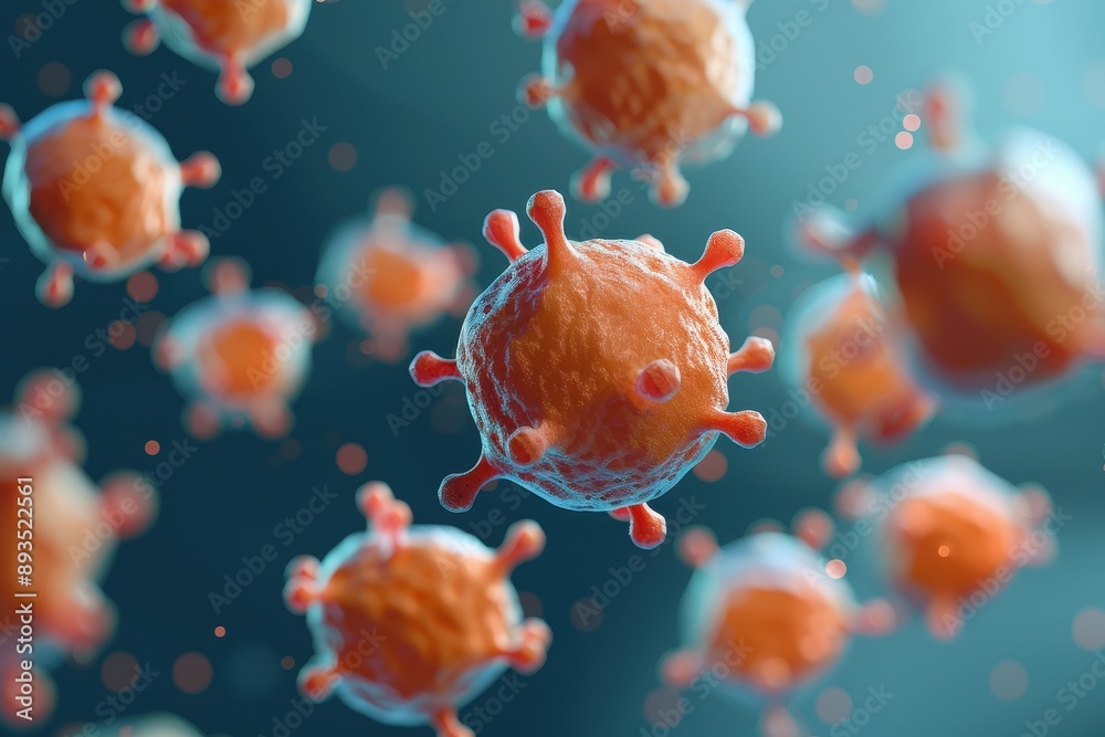 Detailed microscopic view of virus particles floating in a blue ...