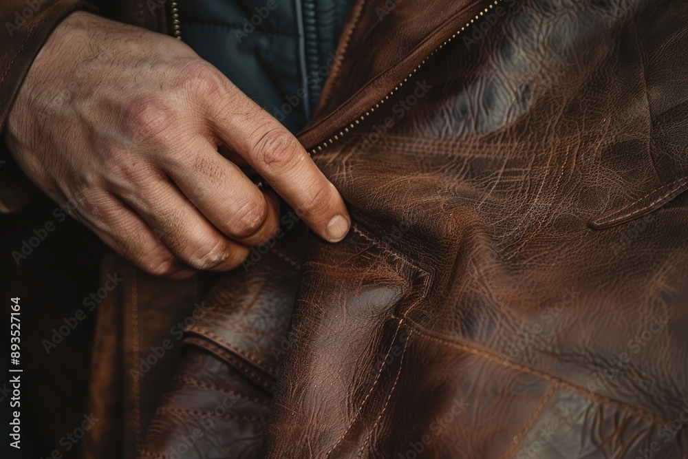 Hand runs along textured leather jacket. This image captures the detail ...