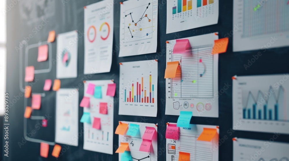 Office wall with various charts, graphs, and sticky notes displaying ...