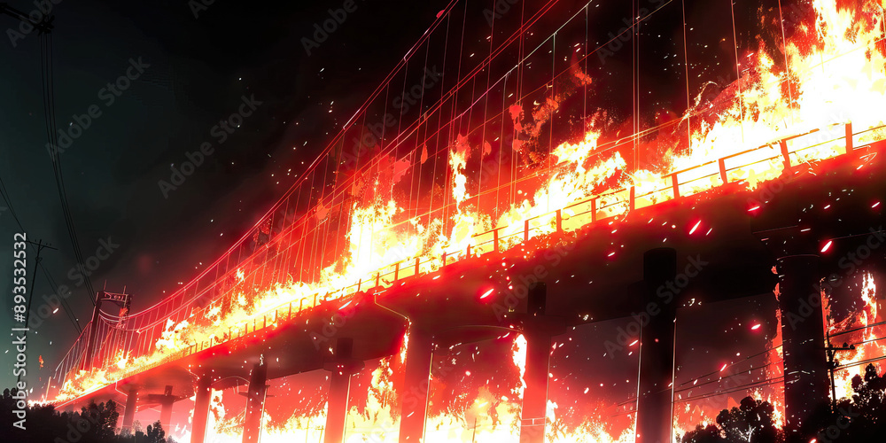 ภาพประกอบสต็อก The Burning Bridges: Fire consumes a bridge connecting ...