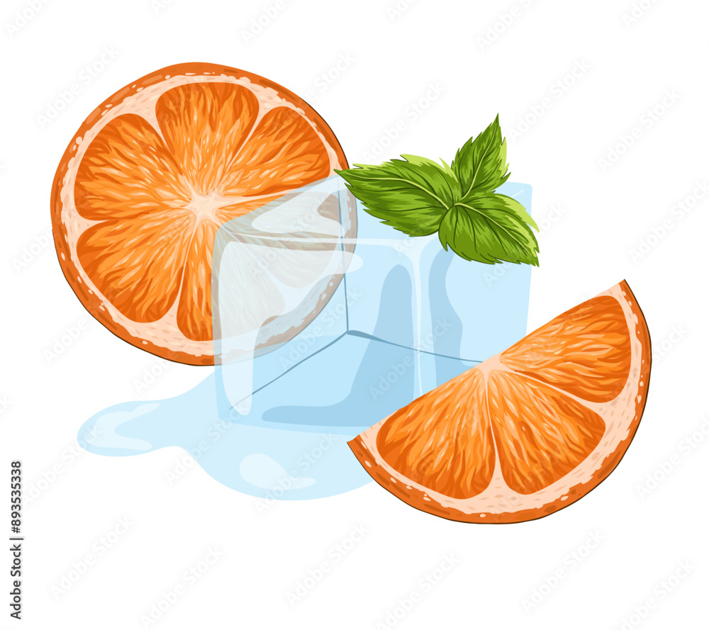 Ice cube with oranges. Ice crystal melted cube with orange slice and ...
