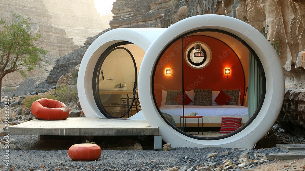 Small home built, inflatable white, dome shape, two interconnected ...
