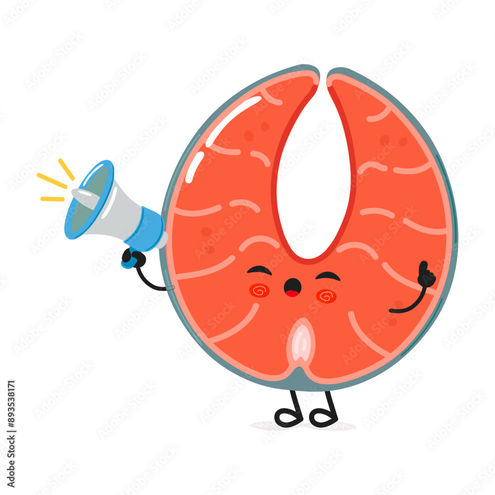 Red fish salmon with loudspeaker character. Vector hand drawn cartoon ...