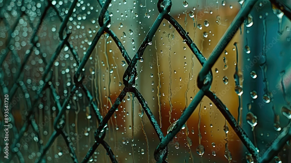 Rain falling on a chain link fence. This image depicts a close-up of ...