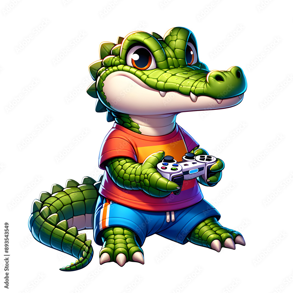 Cartoon illustration (PNG 300 dpi), Crocodile is playing ps5 ! Stock ...