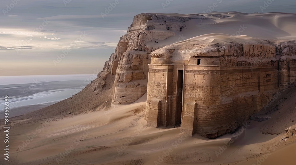 A breathtaking view of an ancient sandstone structure partially buried ...