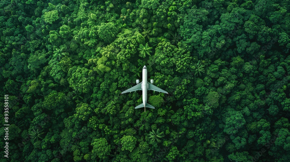 Airplane in flight above a green rain forest, aerial view highlighting ...