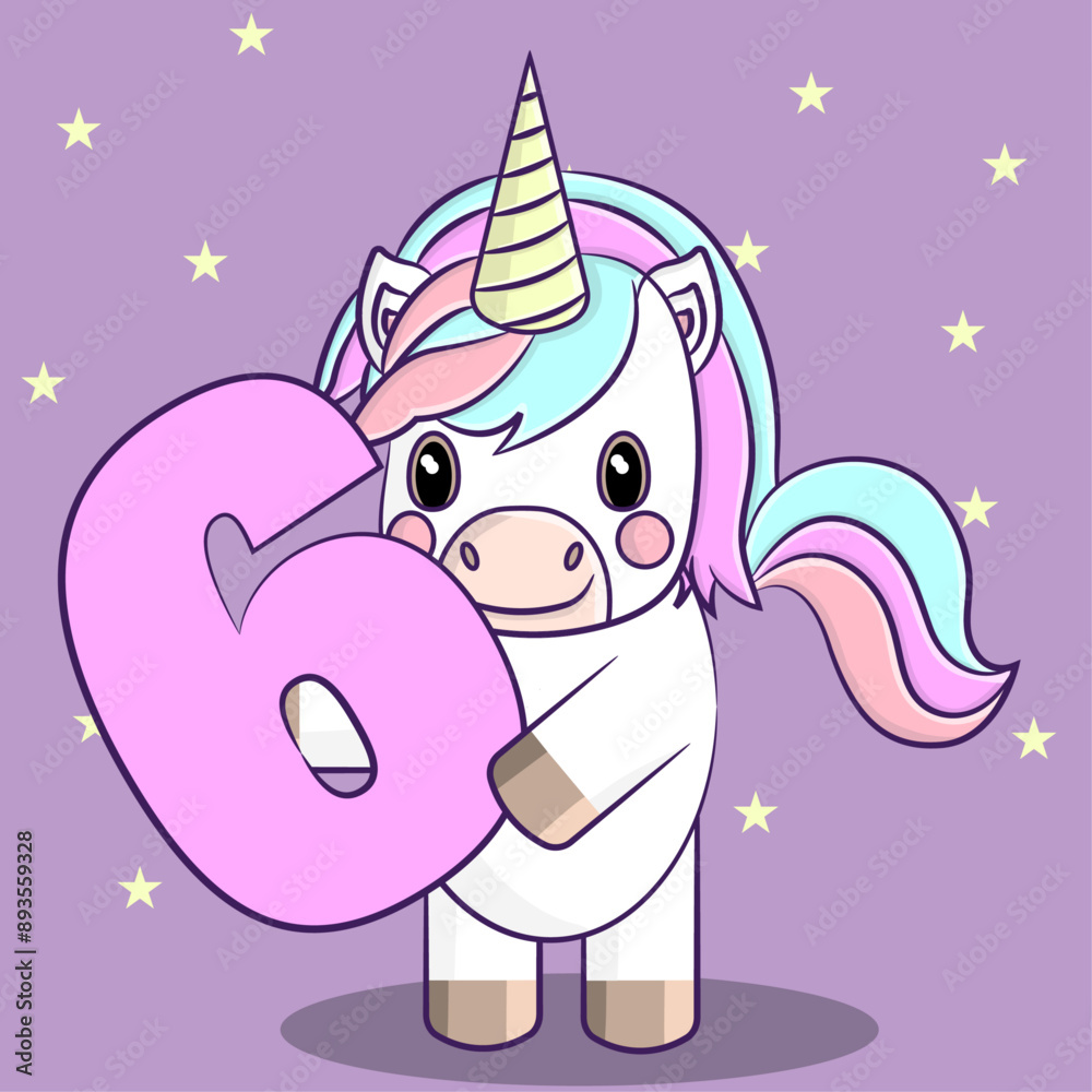 Cartoon Unicorn Holding The Number 6 For A 6th Birthday Card Or Party