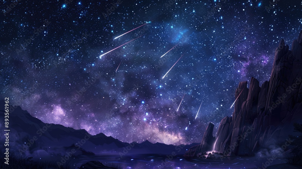Cosmic meteor shower with bright shooting stars and the Milky Way in ...