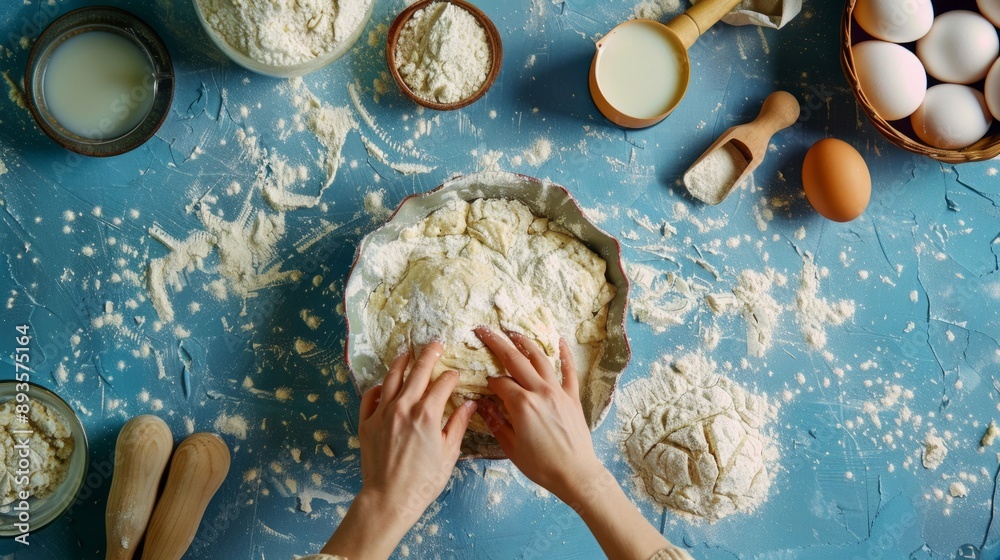 Baking preparation scene with hands kneading dough on a flour-covered ...