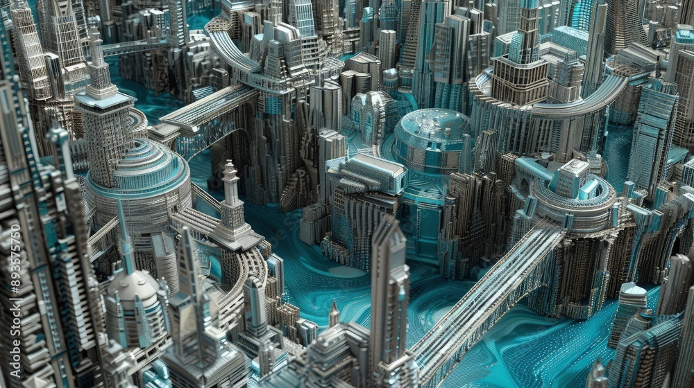 An intricate papercraft cityscape with skyscrapers, bridges, and rivers ...